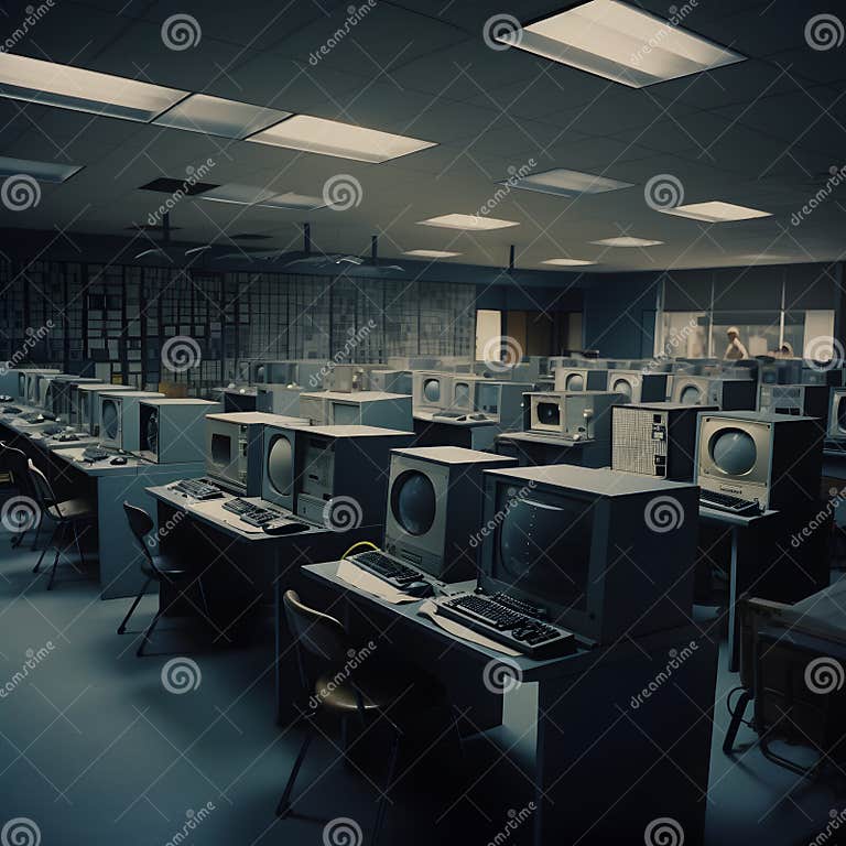 A Computer Lab Filled with Rows of Computers and Desks Dy Created with ...