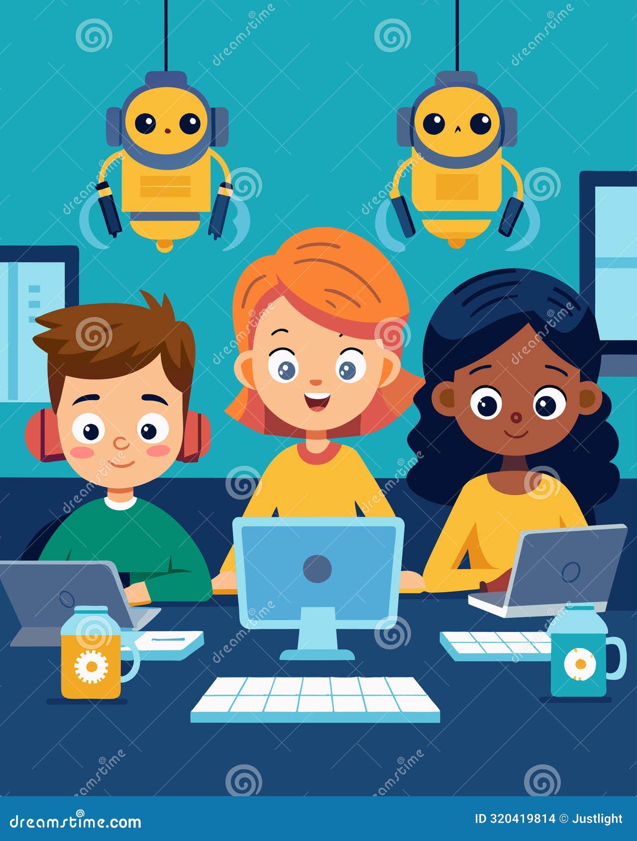 In a Computer Lab a Group of Children Sit with Laptops in Front of Them ...