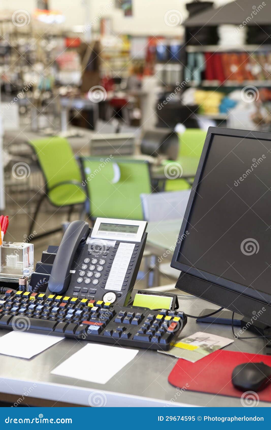 Computer with Landline Phone in Store Counter Stock Image - Image of ...