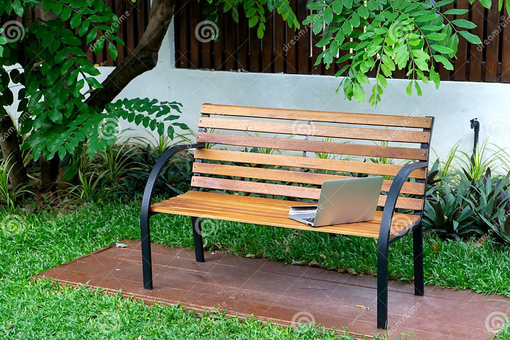 Computer Laptop on the Bench Stock Image - Image of leaf, school: 155955831