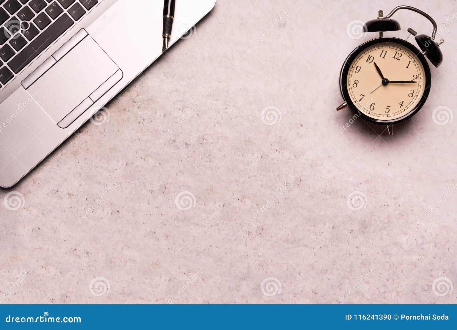 Computer Laptop with Black Clock on Working Table Flat Lay Composition ...