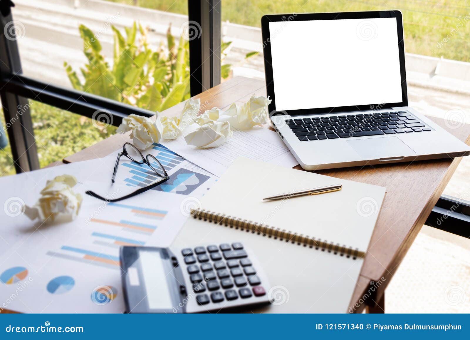 Computer Laptop with Blank Empty White Screen and Paper Work Stock ...
