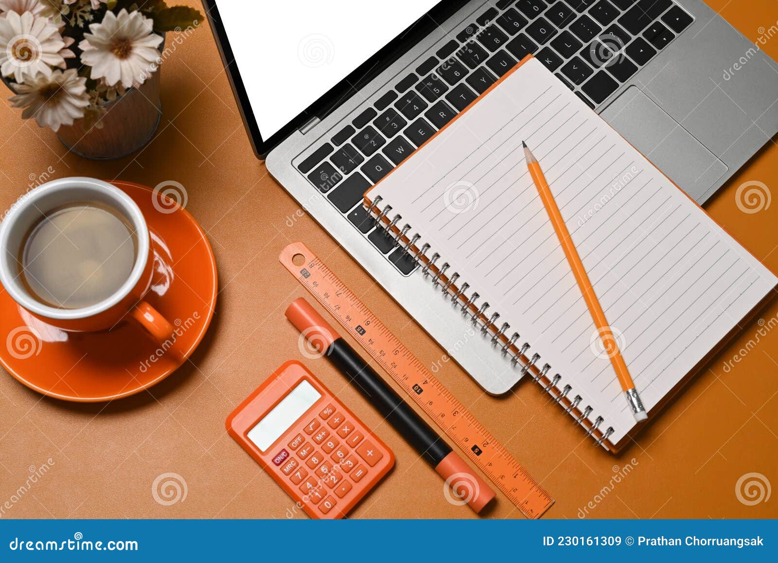 Laptop, Coffee Cup, Notebook and Calculator on Accountant Workspace ...