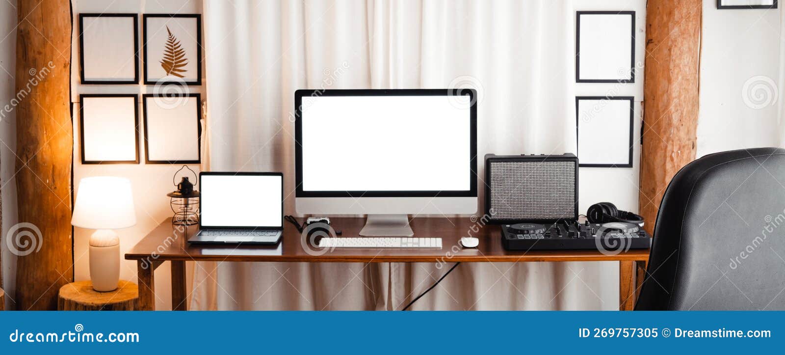 Computer and Laptop on the Desk Mock Up at Home Office Stock Image ...