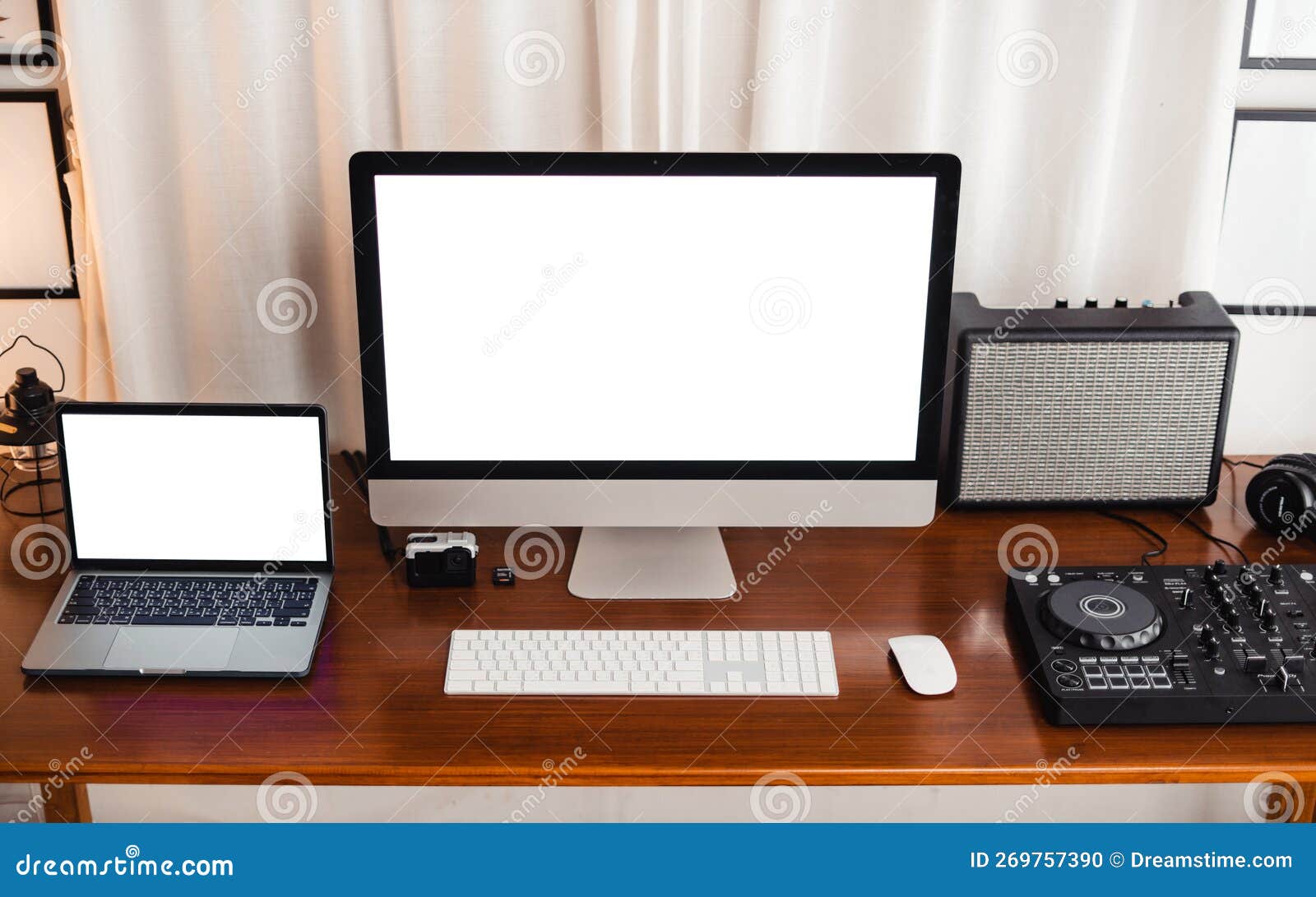 Computer and Laptop on the Desk Mock Up at Home Office Stock Photo ...