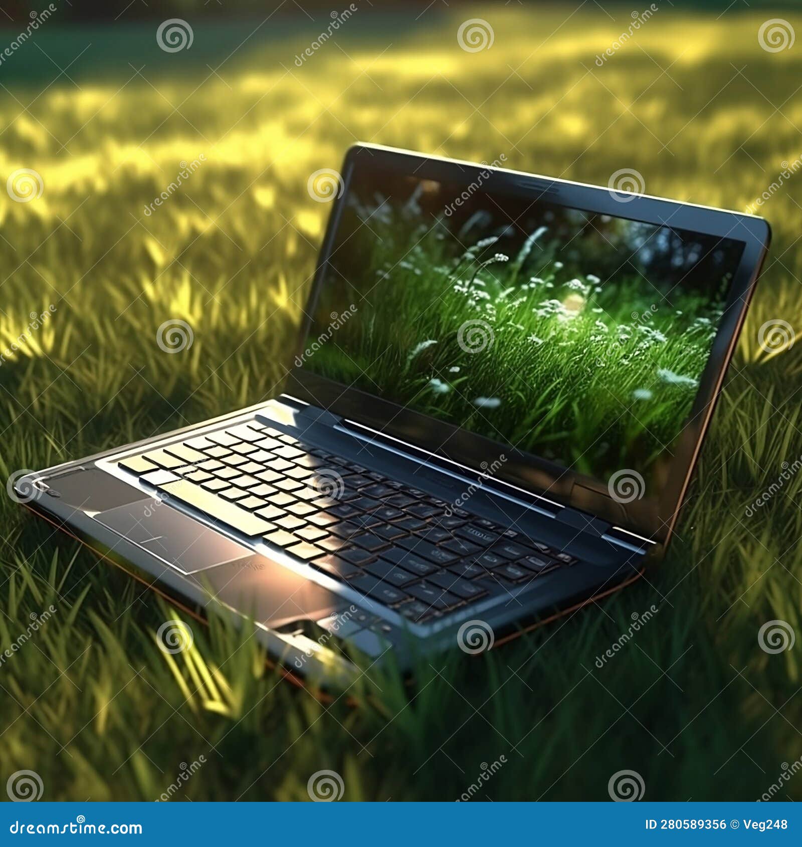 Computer Laptop on Grass. Sun Light Stock Illustration - Illustration ...