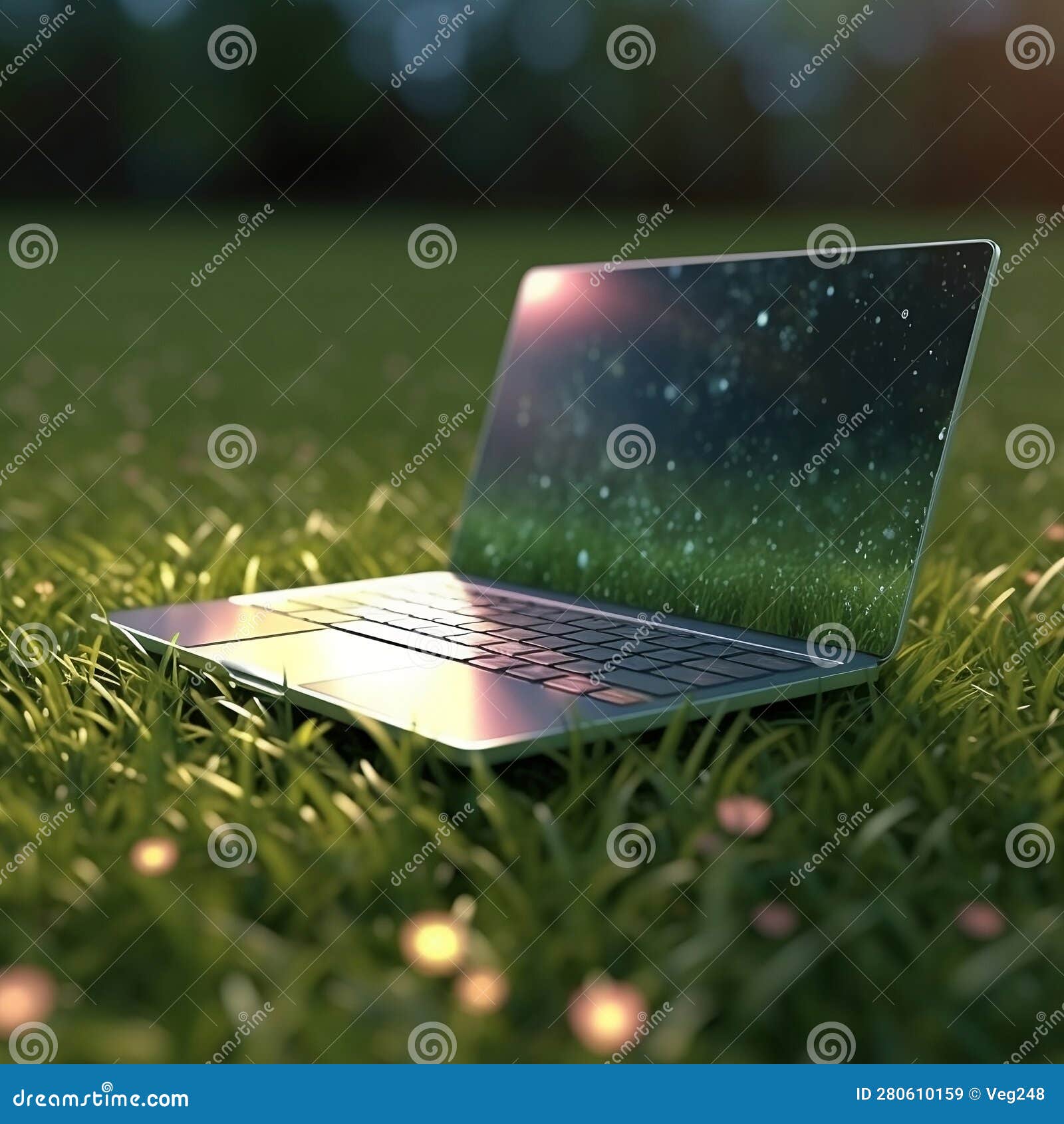 Computer Laptop on Grass. Sun Light Stock Illustration - Illustration ...