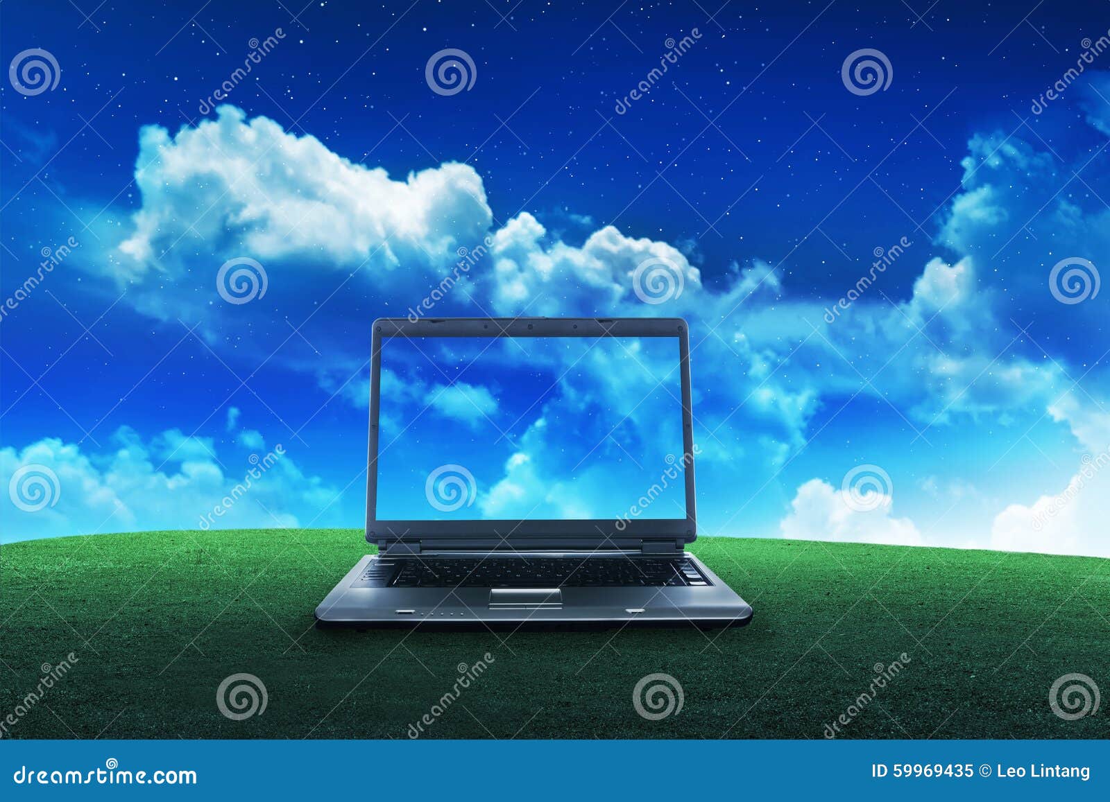 Computer Laptop on the Green Field Stock Image - Image of dawn, people ...