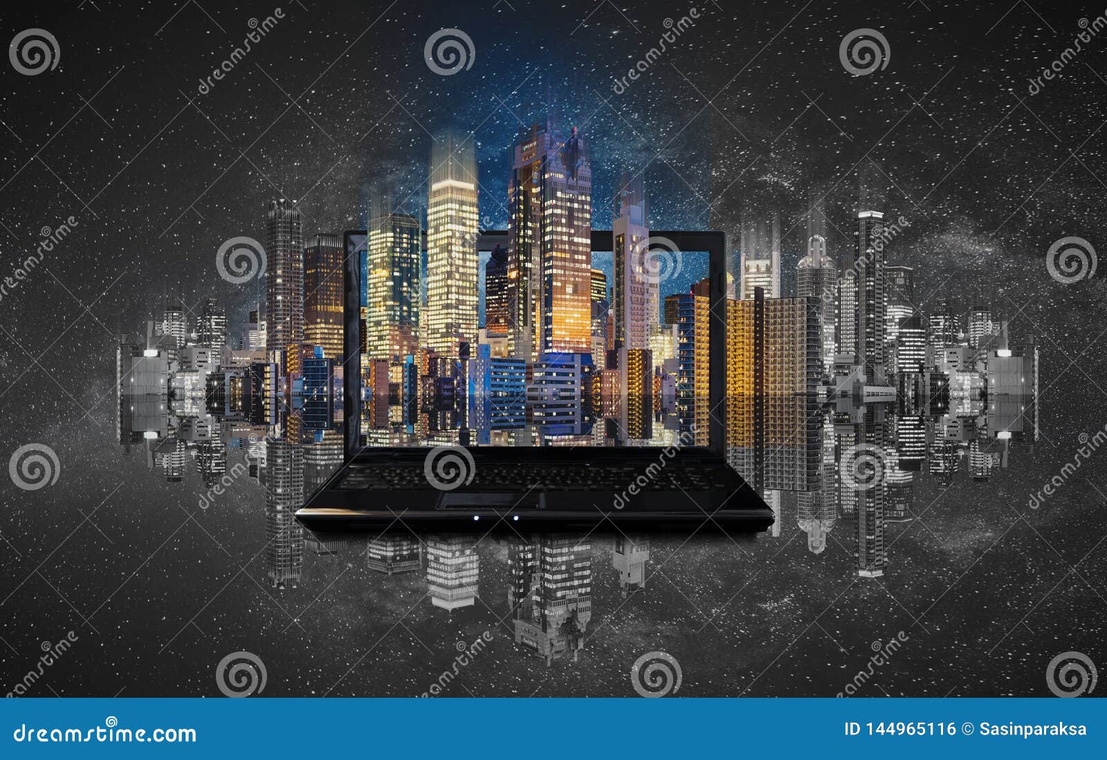 Computer Laptop with Modern Building Technology Stock Illustration ...