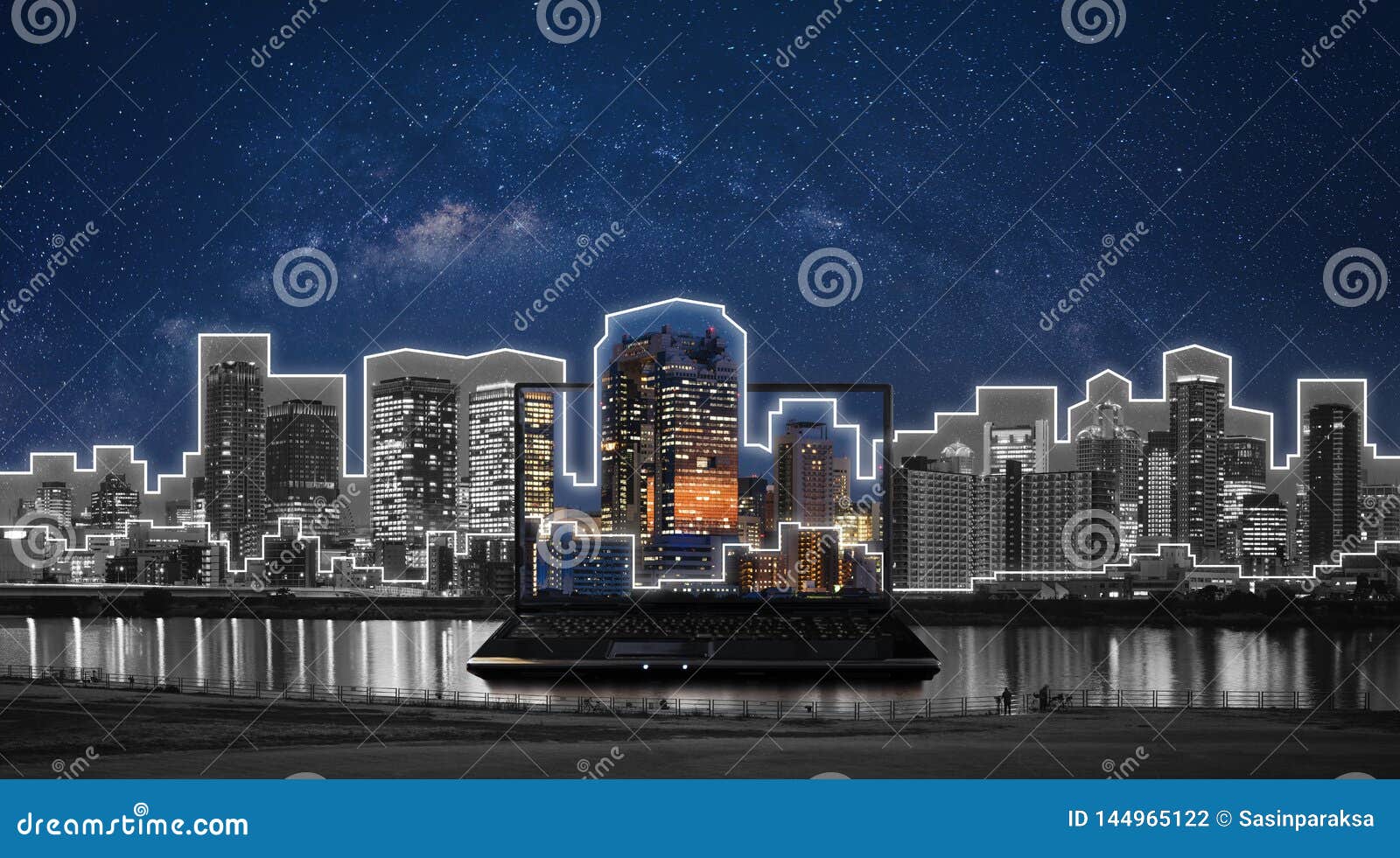 Computer Laptop with Modern Building Technology Stock Illustration ...