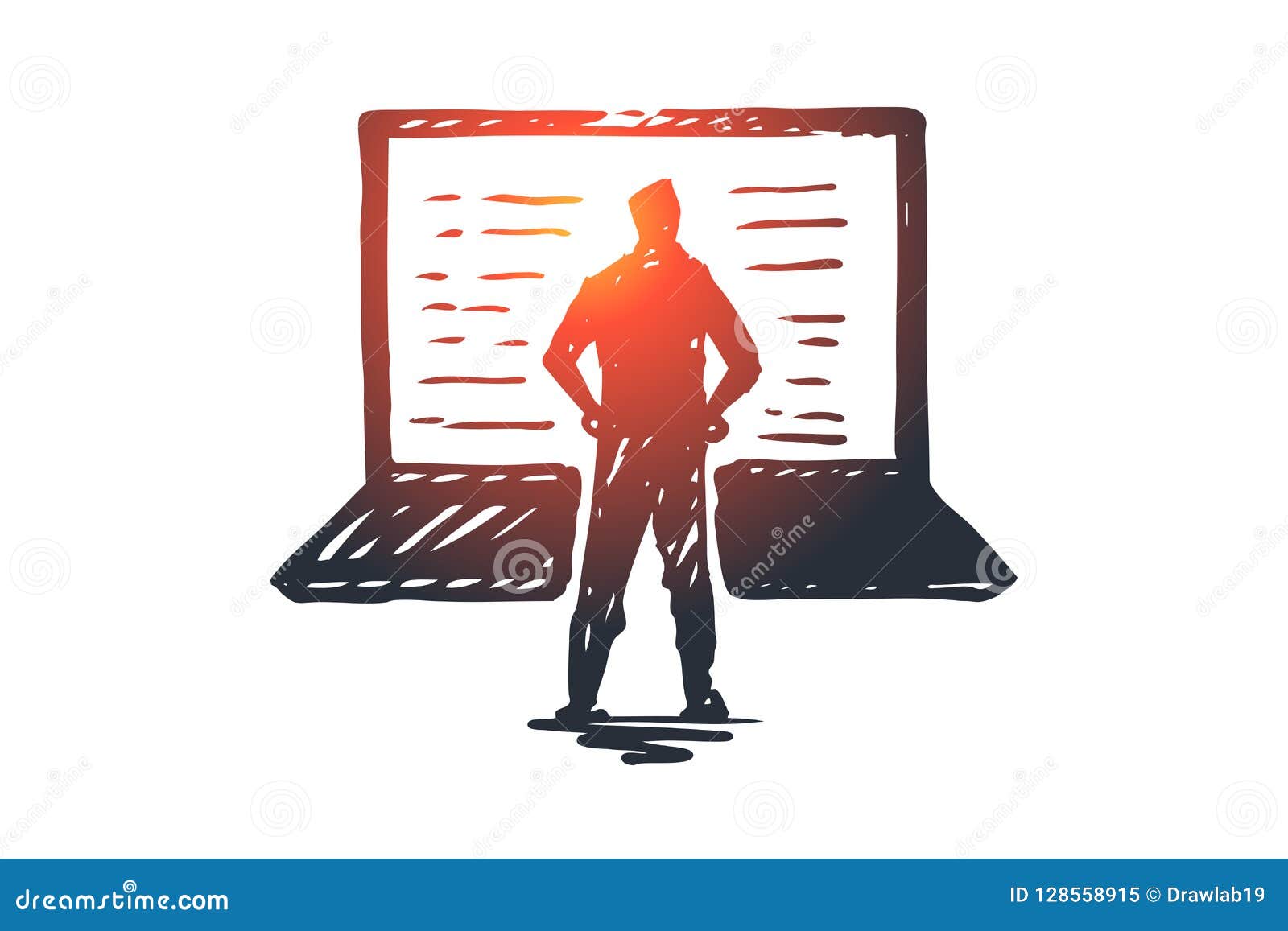 Computer, Laptop, Person, Work, Technology Concept. Hand Drawn Isolated ...