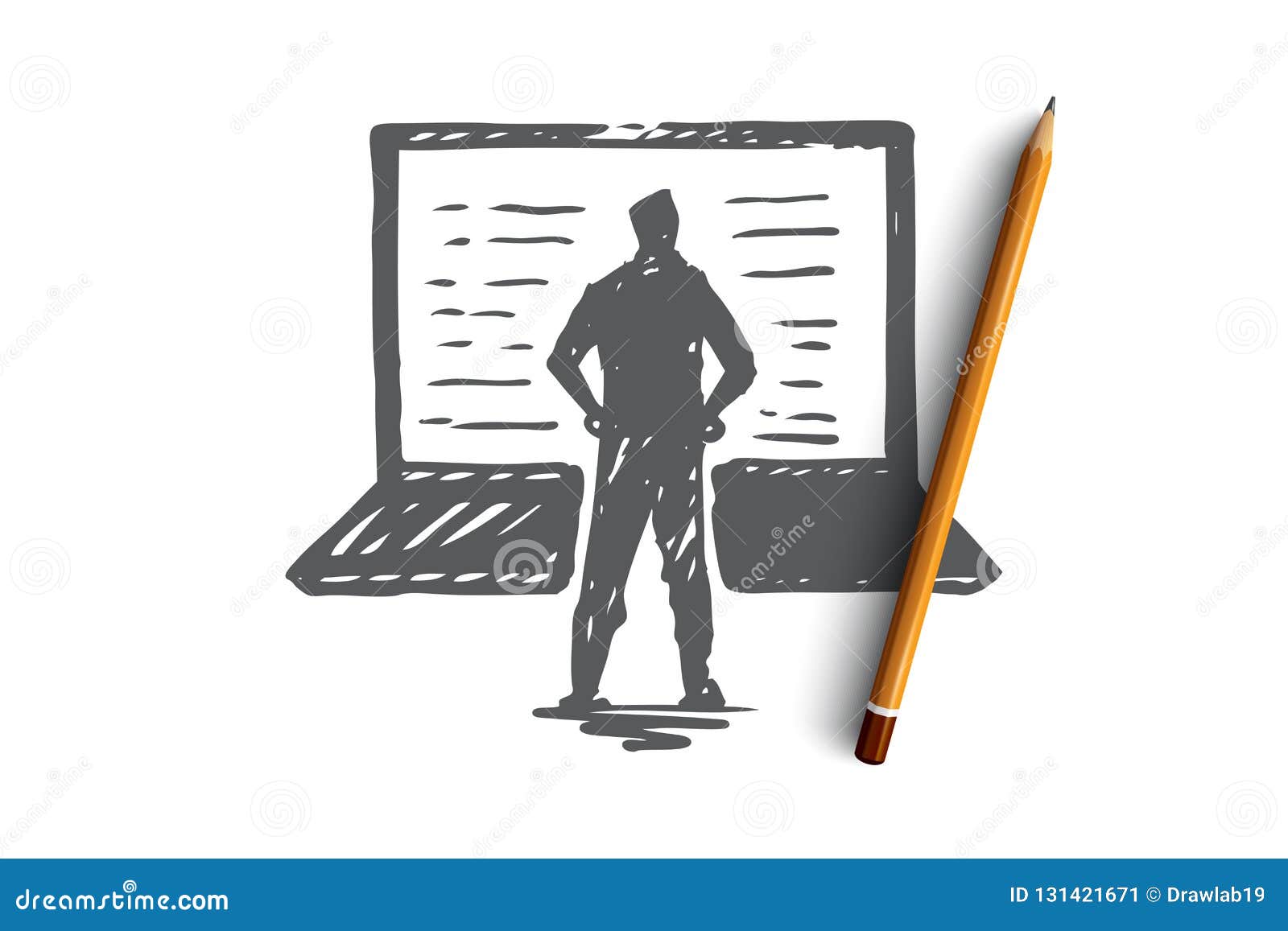 Computer, Laptop, Person, Work, Technology Concept. Hand Drawn Isolated ...