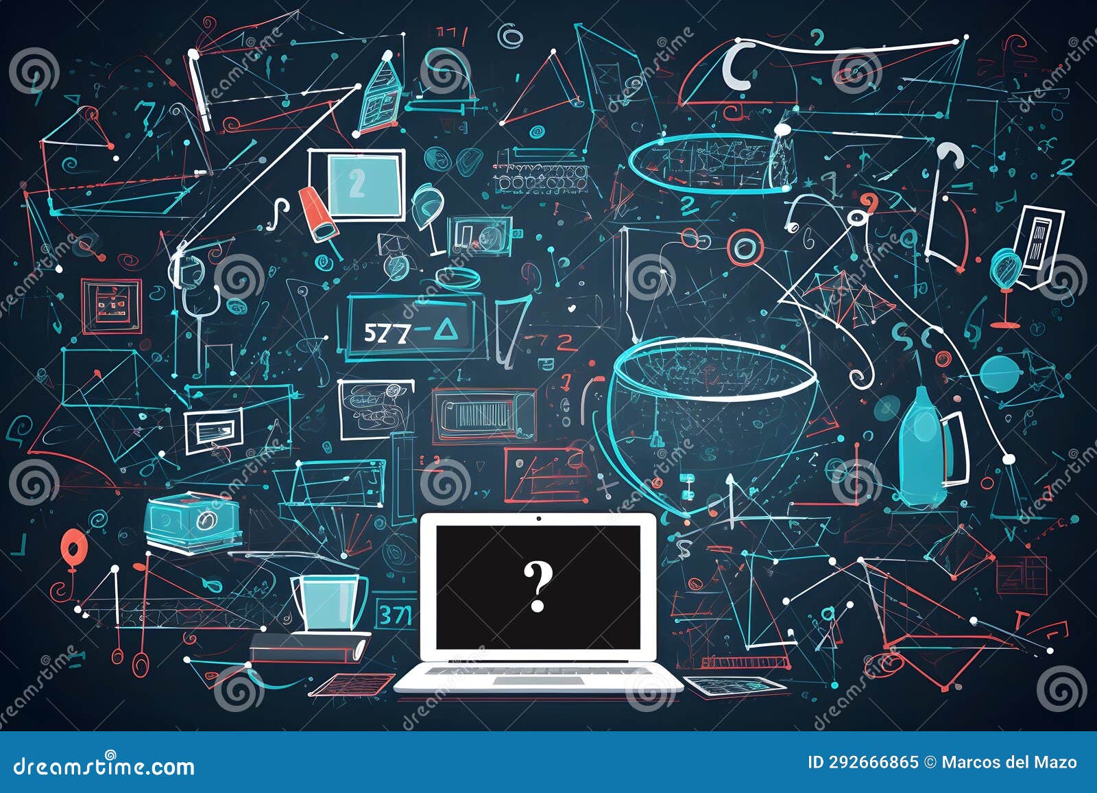 Computer Laptop with a Question Mark and a Blackboard with Graphs and ...
