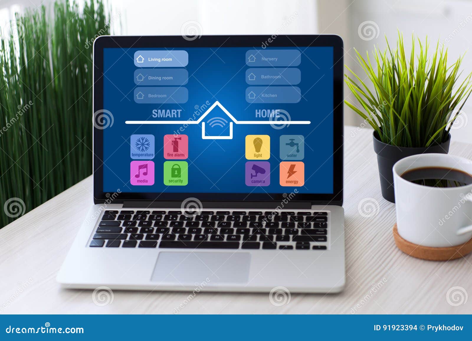 Computer Laptop with Smart Home on Screen Desk Home Room Stock Photo ...