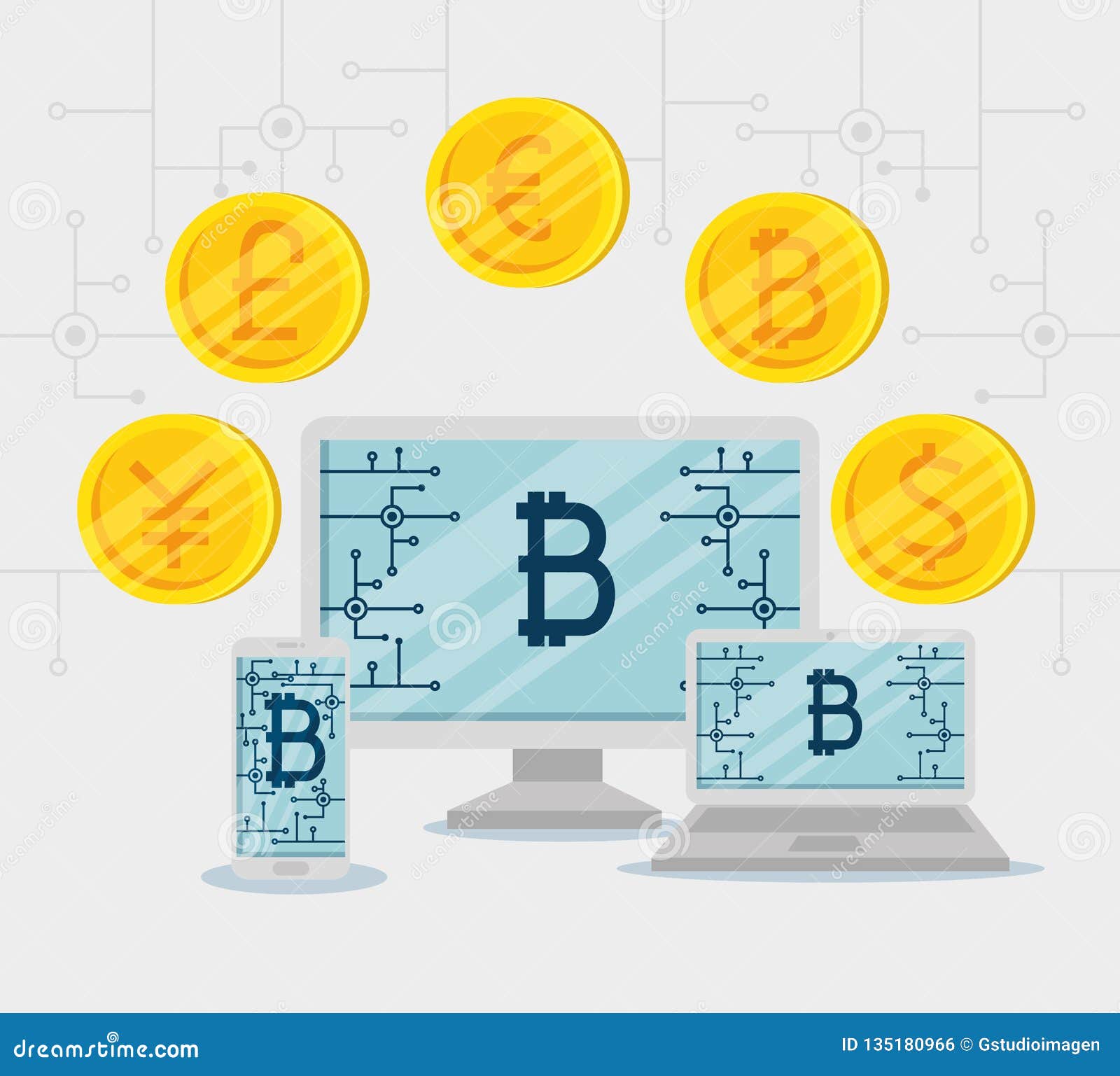 Computer with Laptop and Smartphone Exchange Coins Stock Vector ...