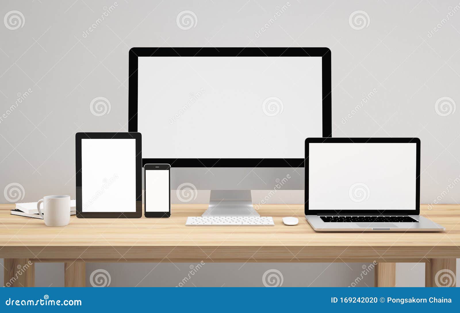 Computer, Laptop, Smartphone, Tablet on Workspace Mockup Design ...