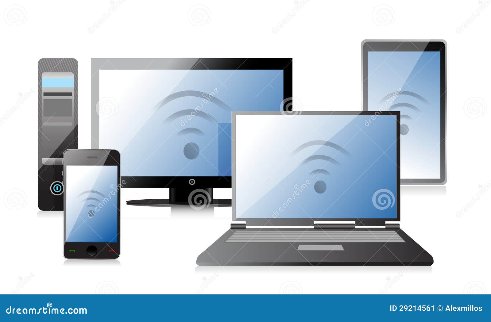 Computer, Laptop Tablet and Phone with Connection Stock Illustration ...