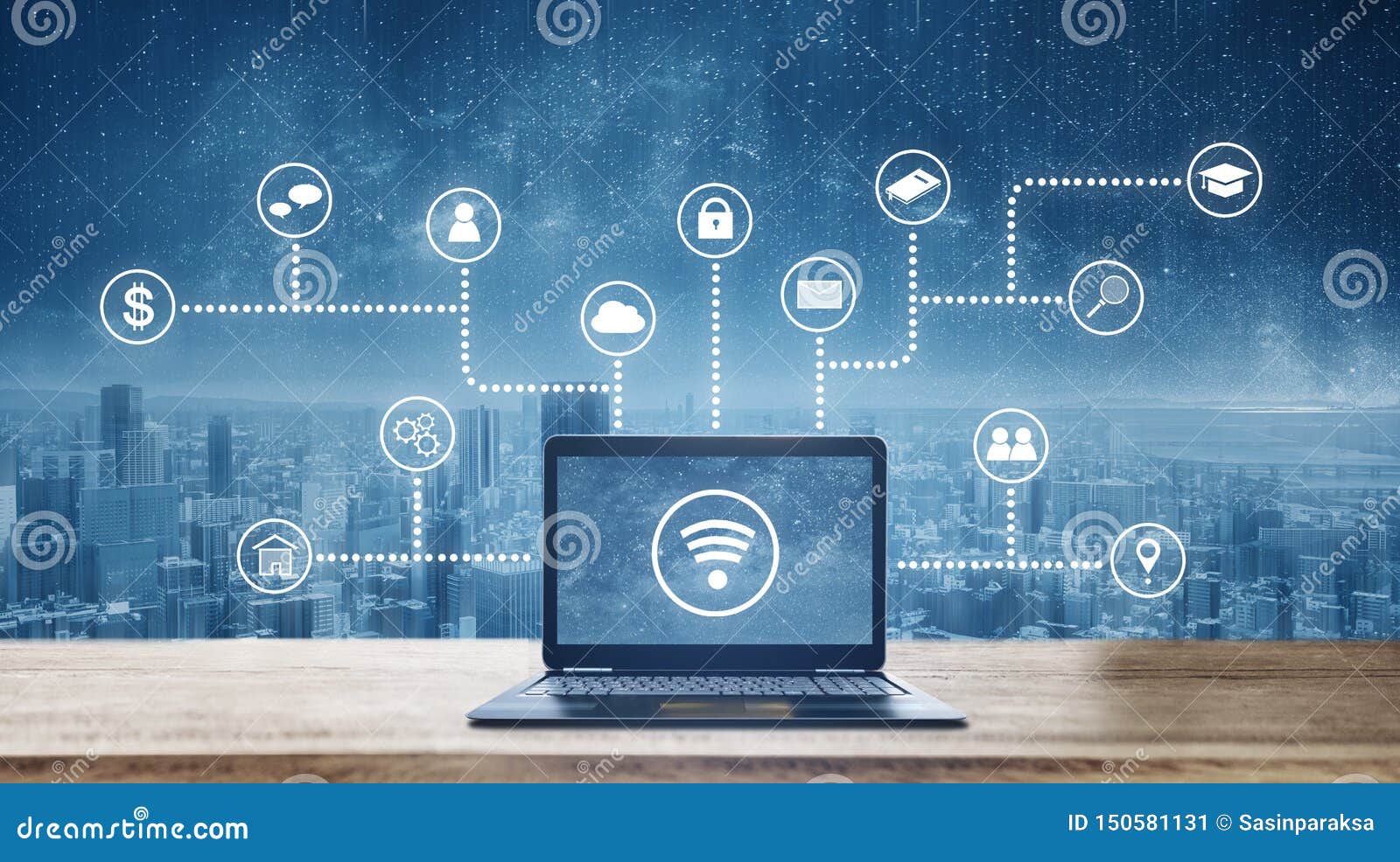 Computer Laptop on Wooden Desk with Wireless and Application ...