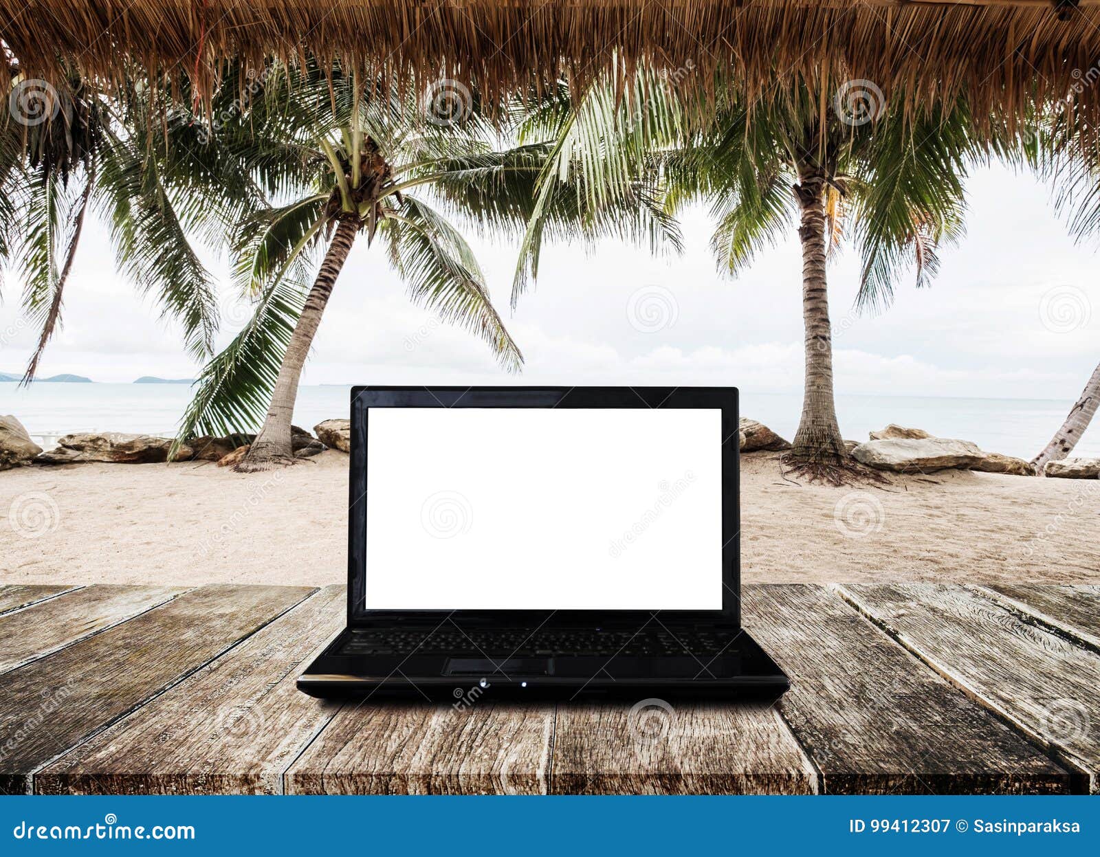 Computer Laptop on Wooden Table, at the Beach in Summer. Clipping Path ...