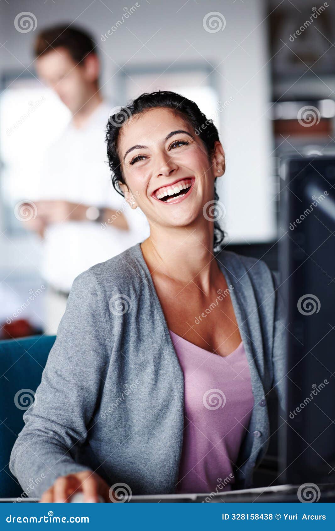 Computer, Laughing and Smile with Designer Woman at Desk in Office for ...