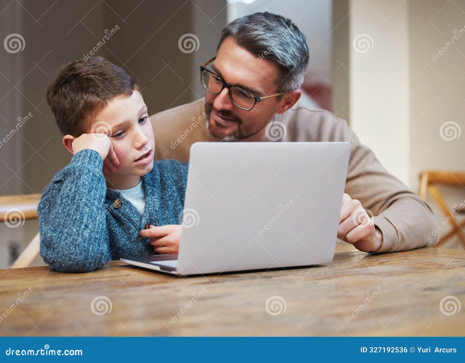 Computer, Learning and Dad with Child in Home for Online Classes ...