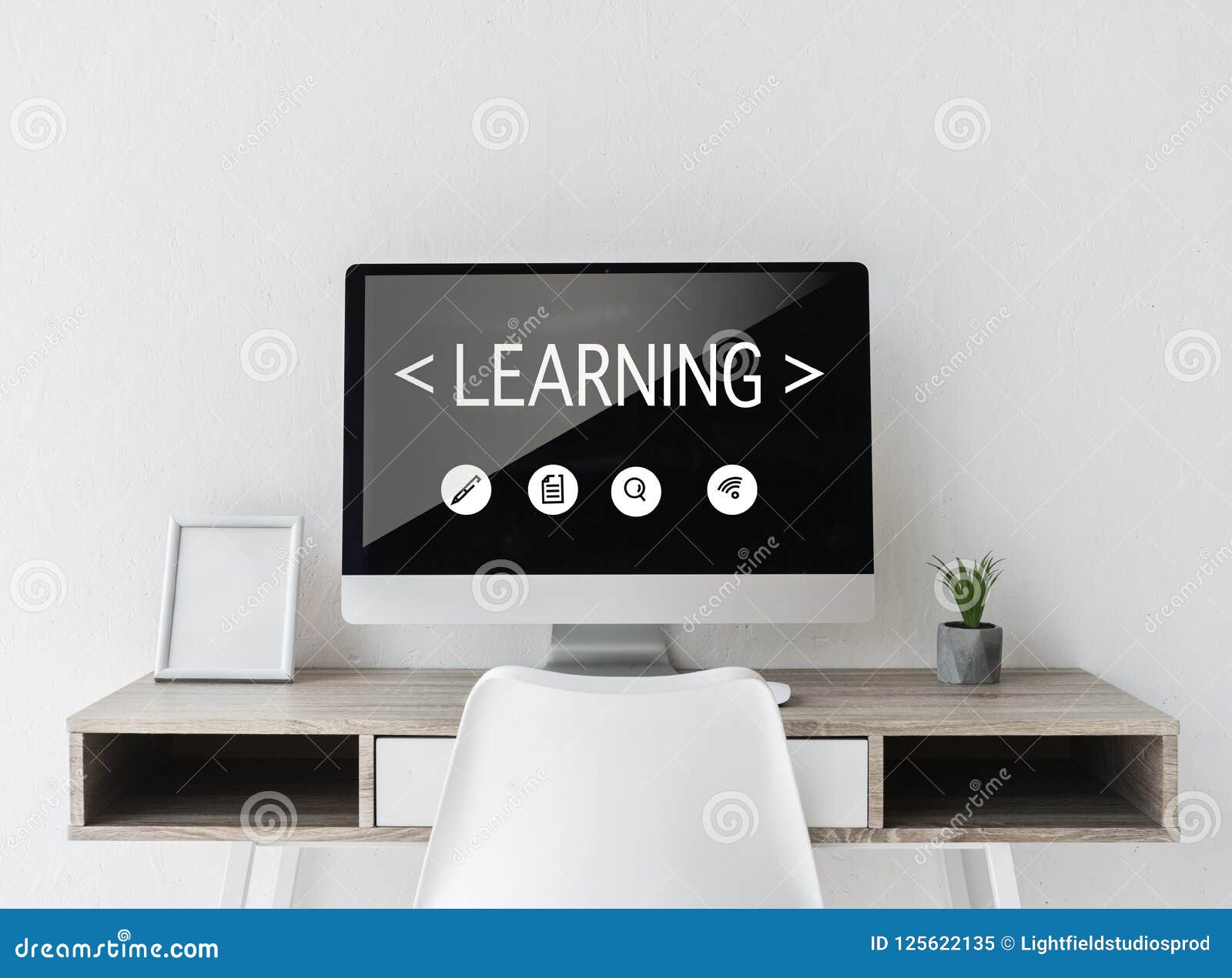 Computer with Learning Theme on Screen Stock Image - Image of table ...