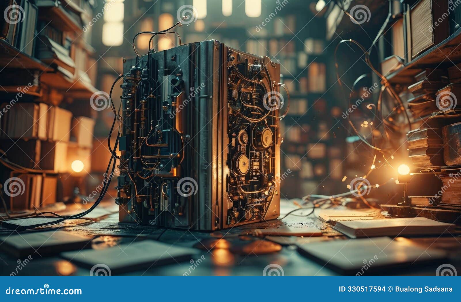 Computer in Library with Lots Books Stock Illustration - Illustration ...