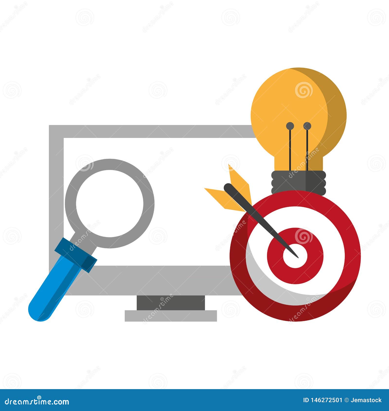 Computer with Light Bulb Magnifying Glass and Target Stock Vector ...