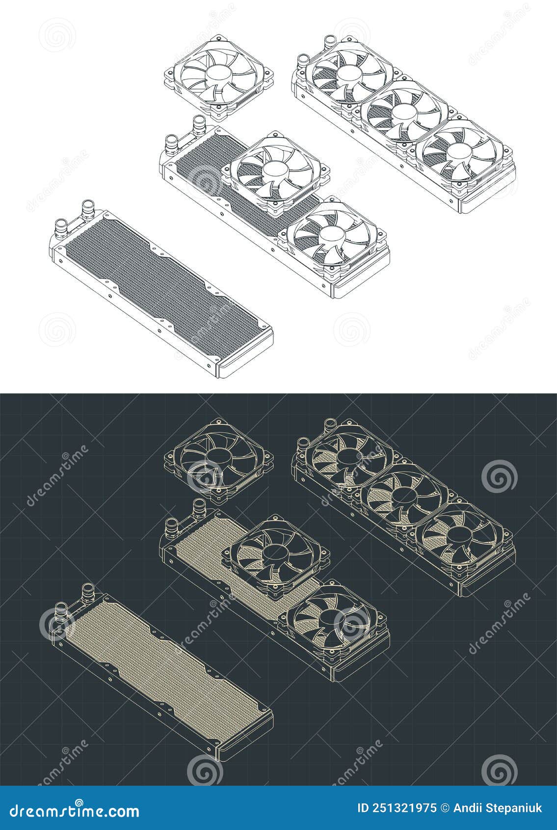 Computer Liquid Cooling System Isometric Blueprints Vector Illustration ...