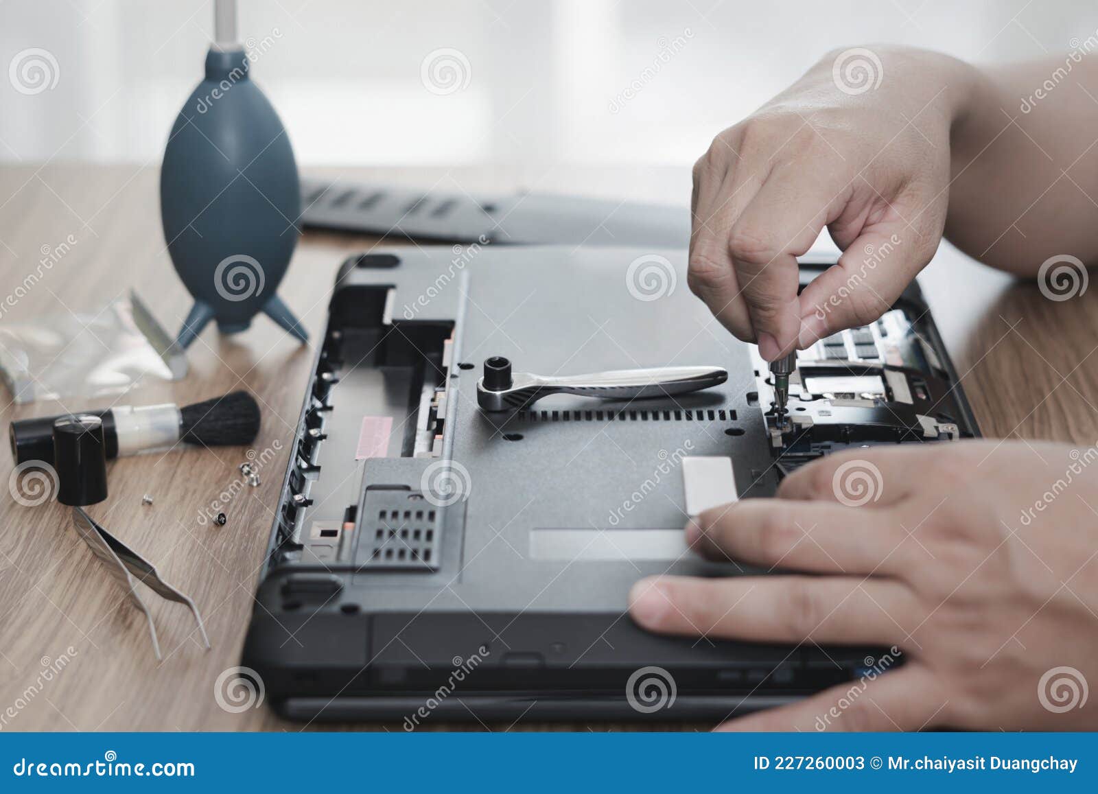 Computer Literacy Repair Men Hands Use Screwdriver Remove Nut of Hard ...