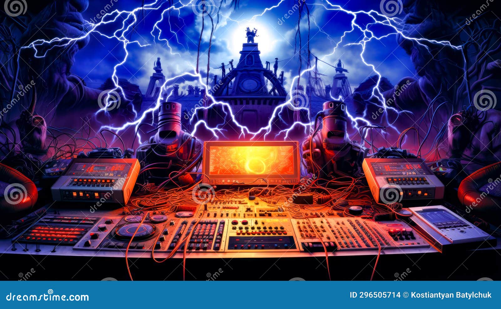 Computer with Lot of Electrical Equipment in Front of Lightning Scene ...
