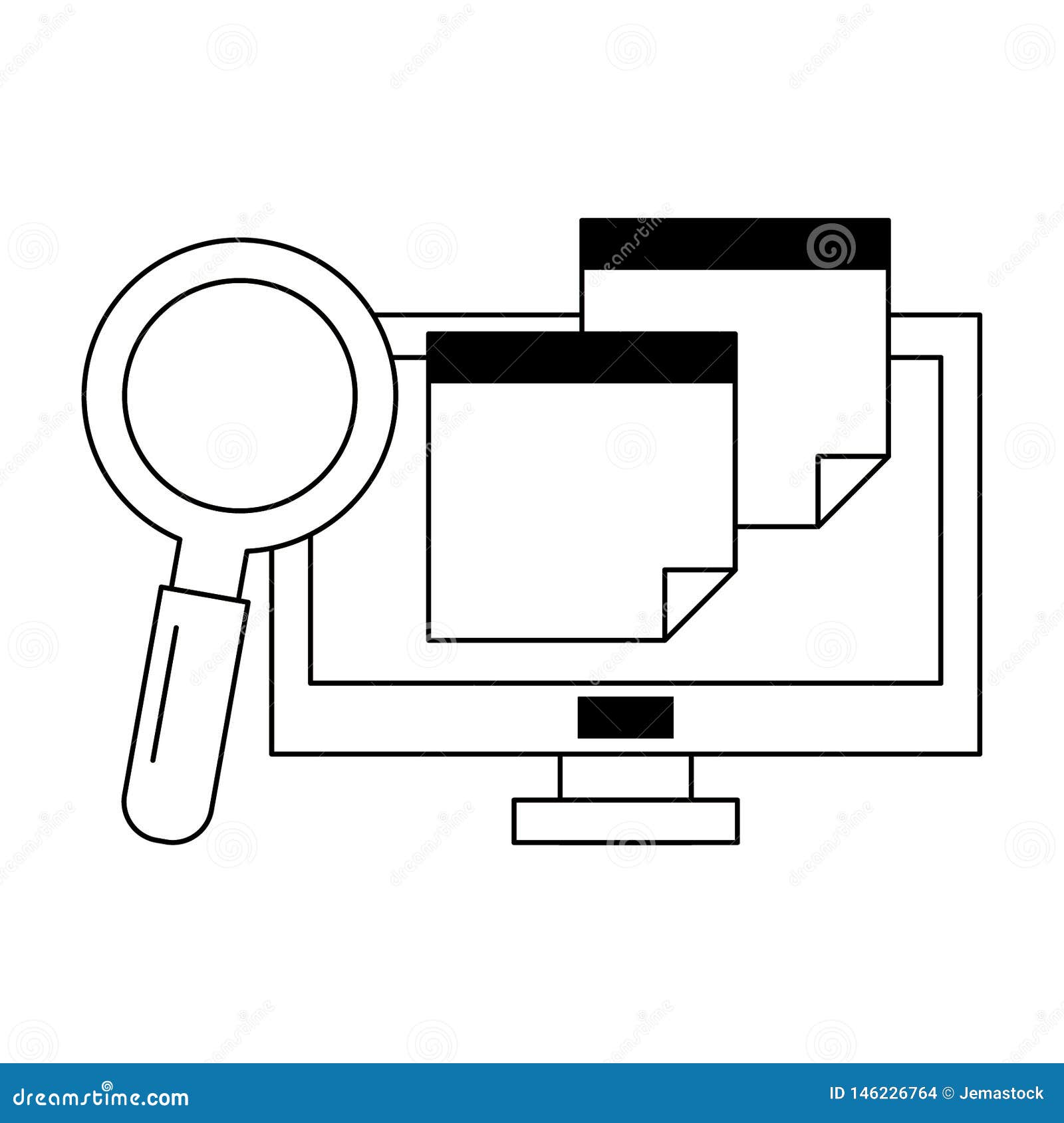 Computer with Magnifying Glass in Black and White Stock Vector ...