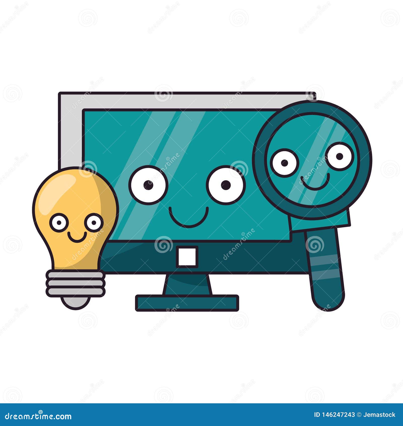 Computer and Magnifying Glass with Bulb Light Stock Vector ...