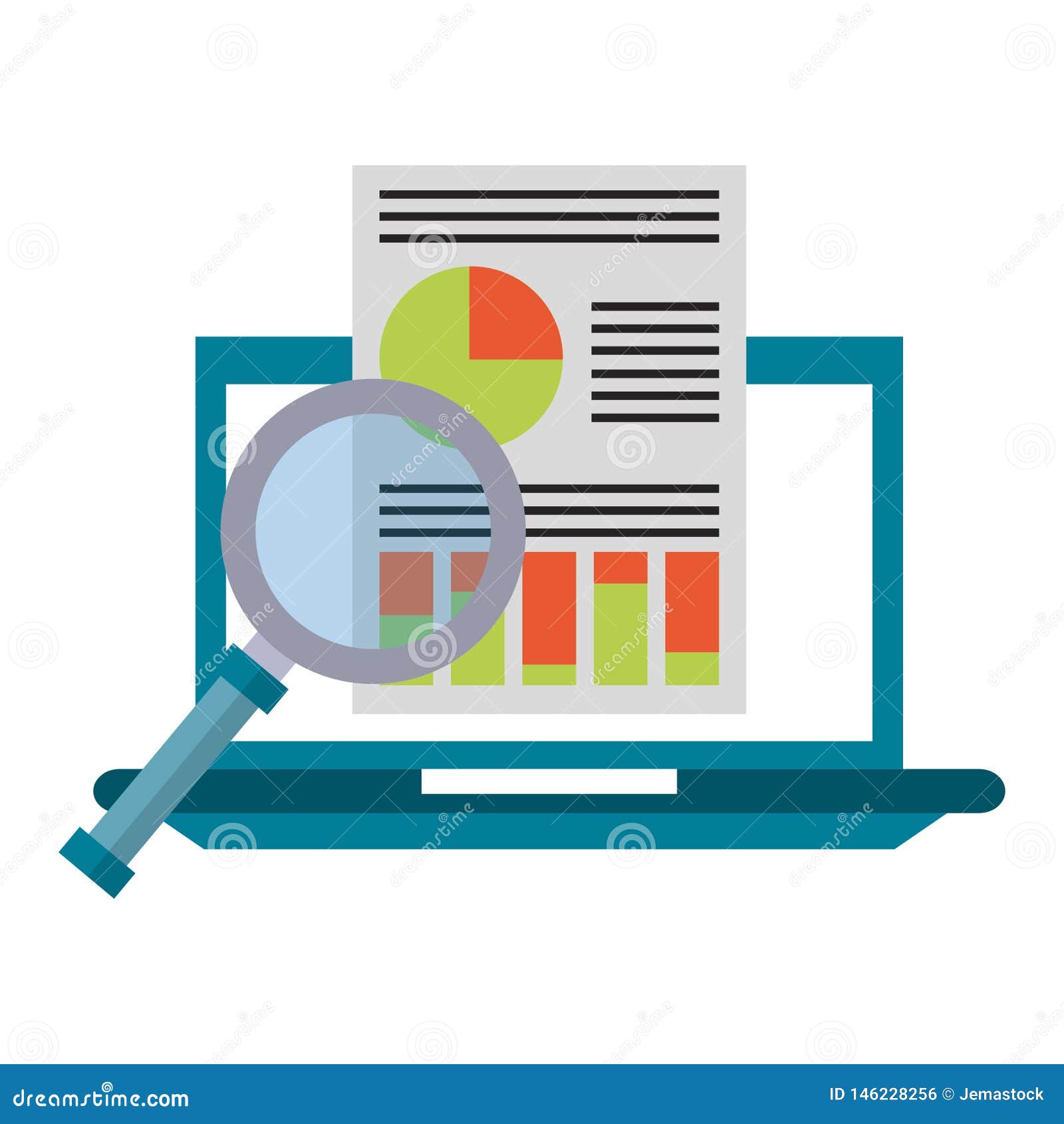 Computer with Magnifying Glass and Document Stock Vector - Illustration ...