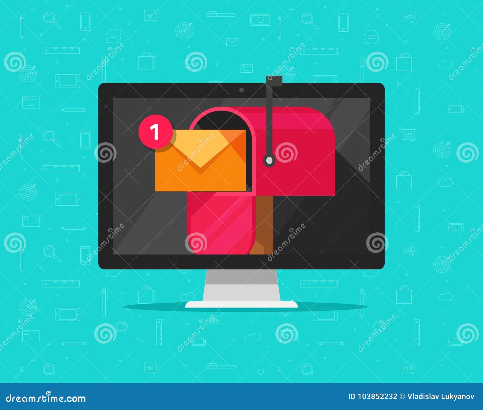 Computer with Mailbox on Screen Vector Illustration, Flat Cartoon ...