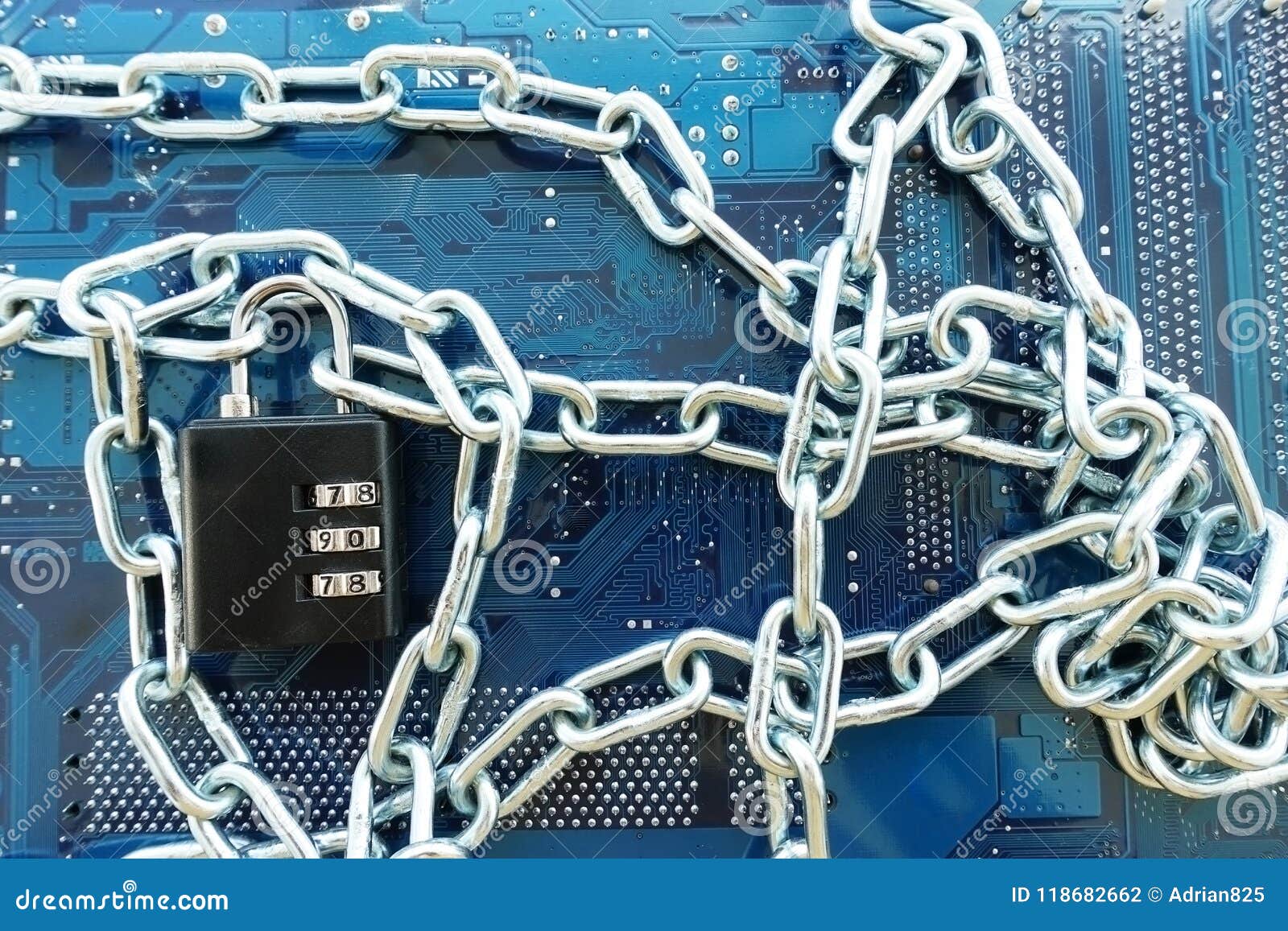 Computer Mainboard with Chain and Padlock, Information Technology ...