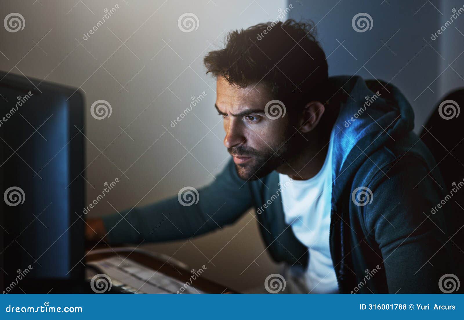 Computer, Man or Hacker at Night for Cyber Security, Coding, Software and Programming Malware ...