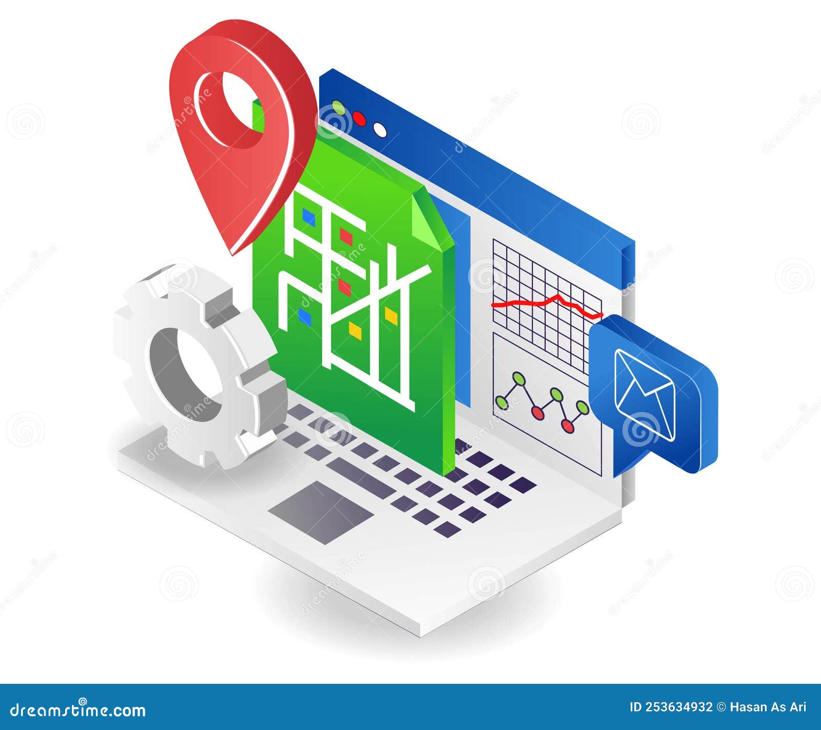 Computer Map Location Analysis in Flat Isometric Illustration Design ...