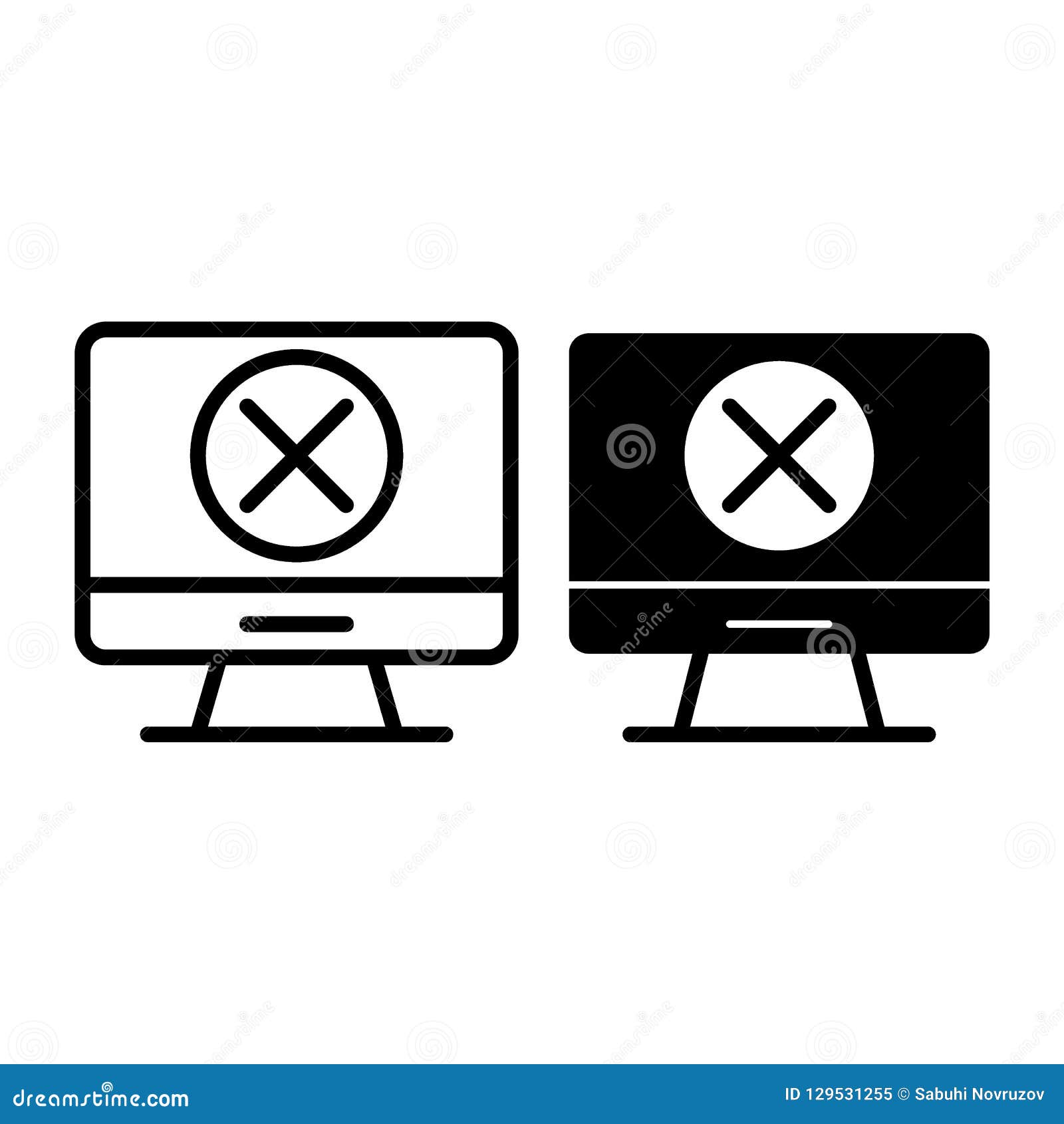 Computer with X Mark Line and Glyph Icon. Screen with Cross Vector ...