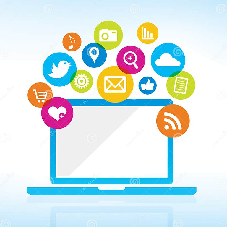 Computer with media icons stock vector. Illustration of chart - 35698789