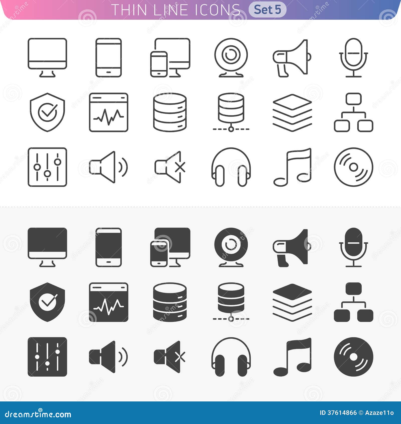 Computer and Media Line Icon Set Stock Vector - Illustration of raid ...