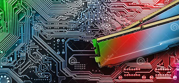 Computer Memory RAM on Circuit Motherboard Background Stock Photo ...