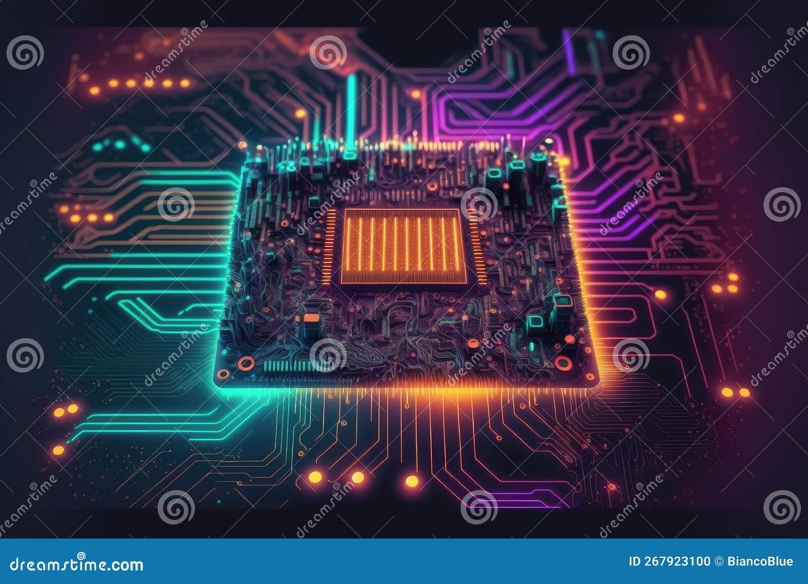 Computer Microchip Semiconductor on Motherboard Futuristic Cyber Neon ...