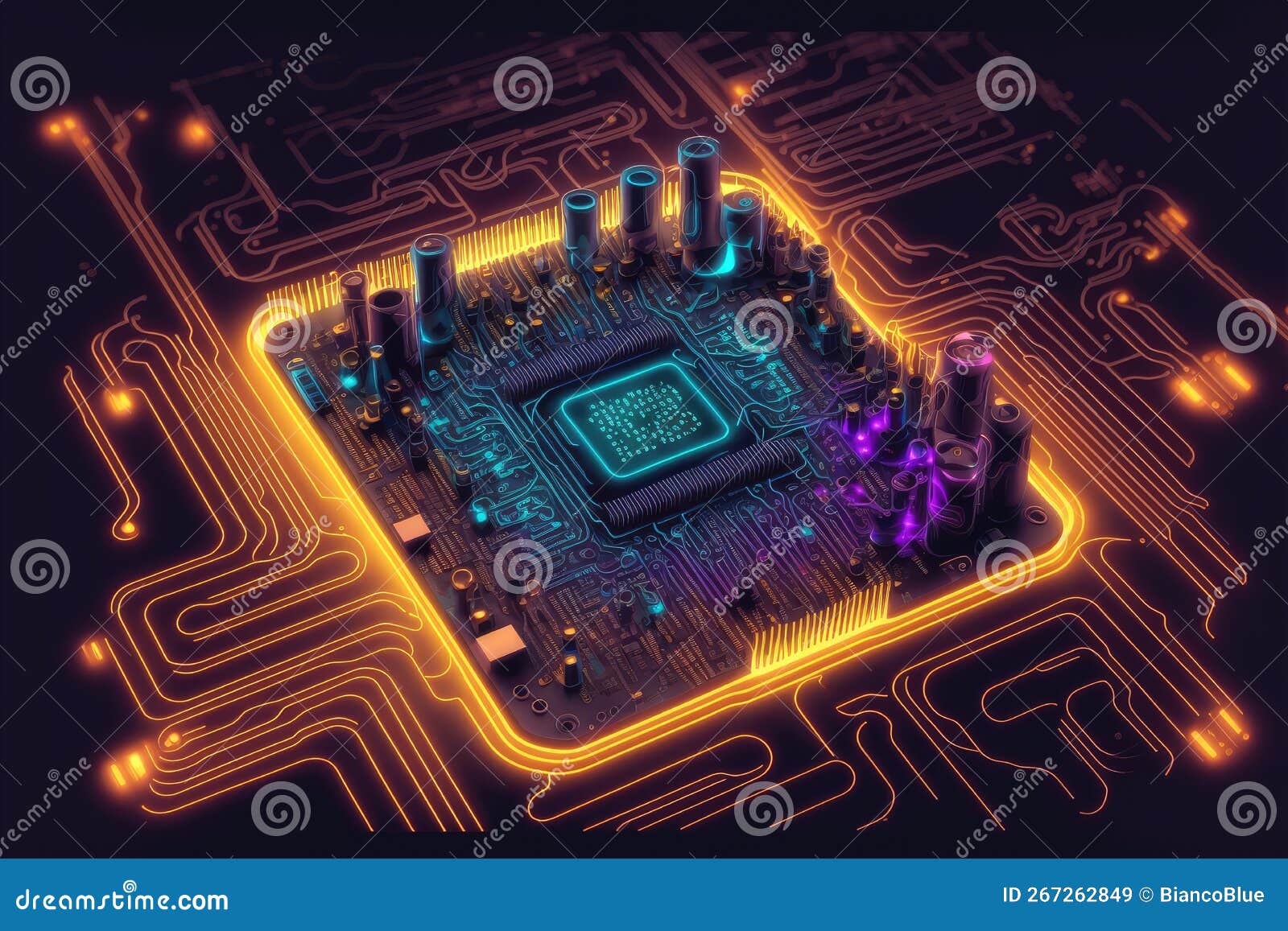 Computer Microchip Semiconductor on Motherboard Futuristic Cyber Neon ...