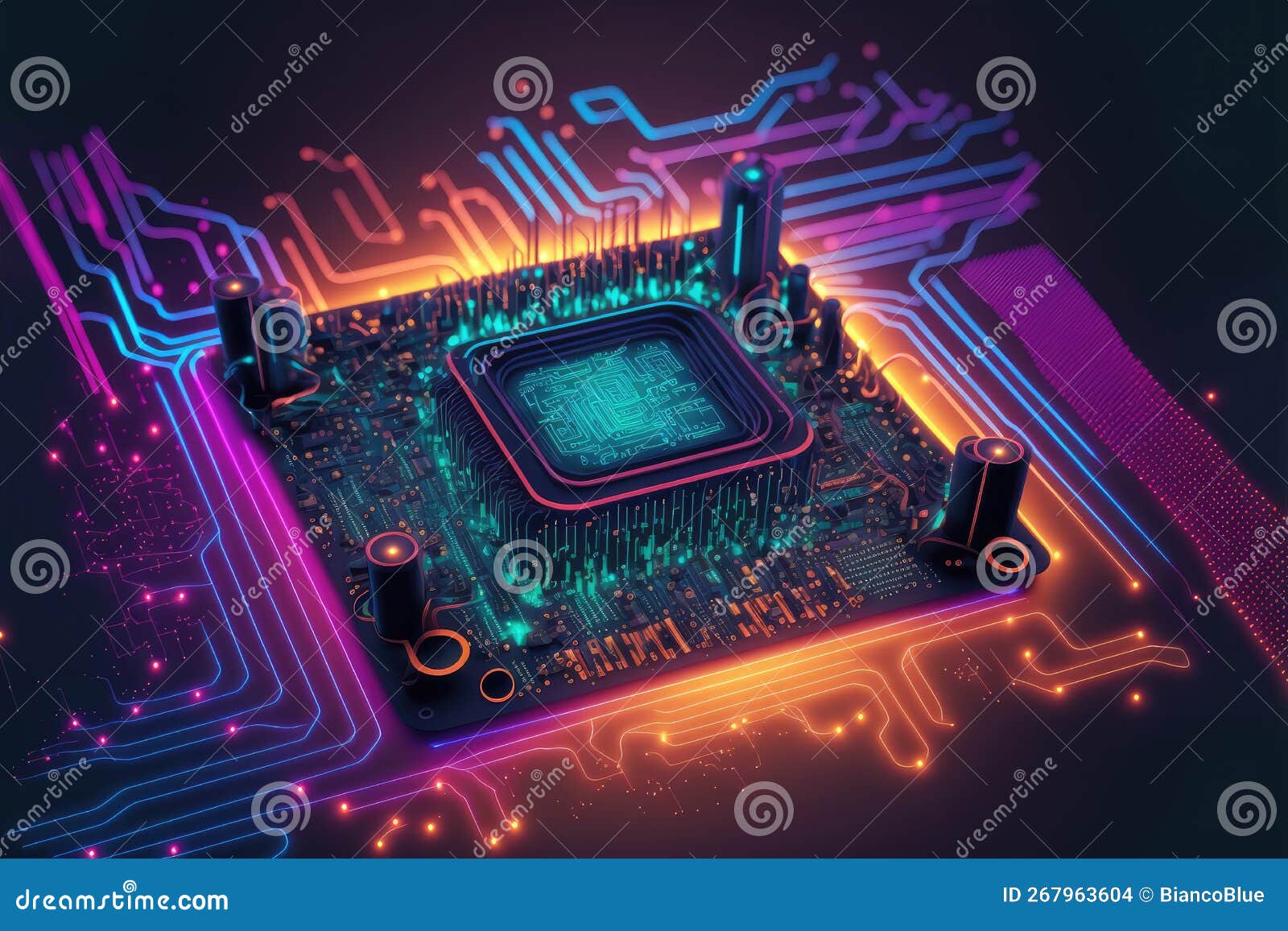 Computer Microchip Semiconductor on Motherboard Futuristic Cyber Neon ...