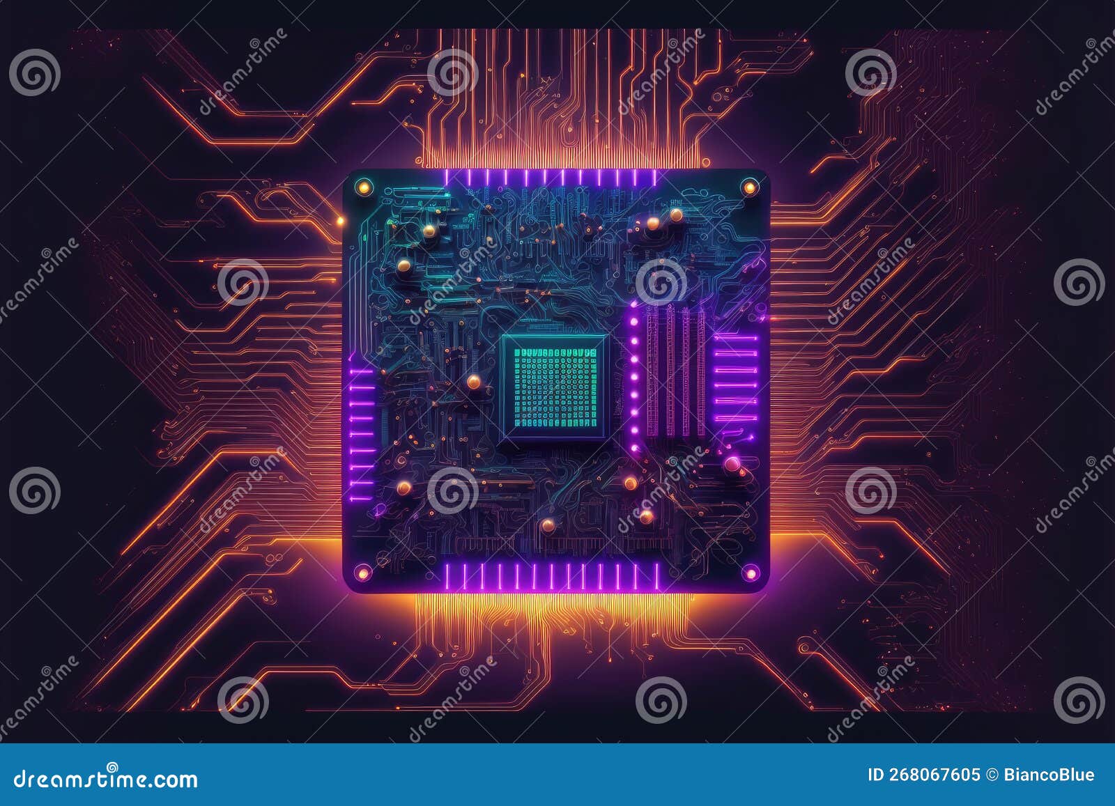Computer Microchip Semiconductor on Motherboard Futuristic Cyber Neon ...