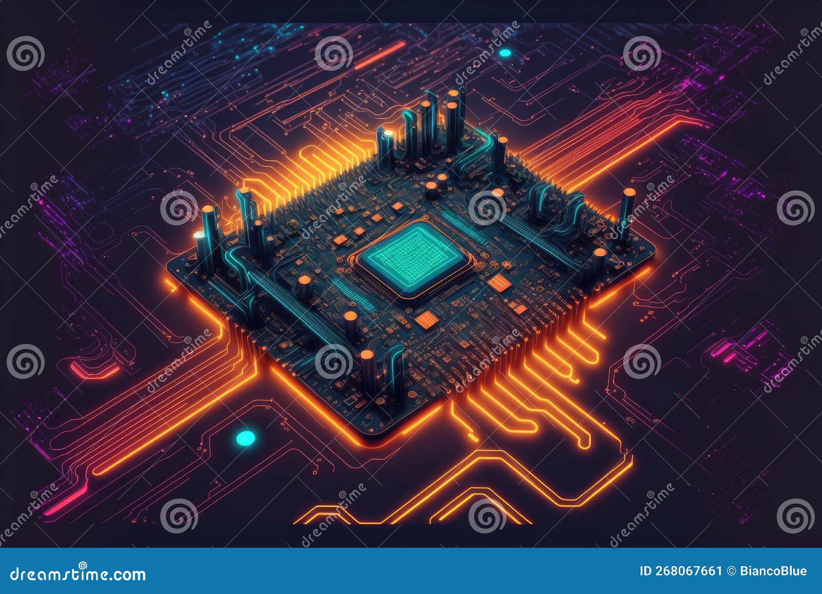 Computer Microchip Semiconductor on Motherboard Futuristic Cyber Neon ...