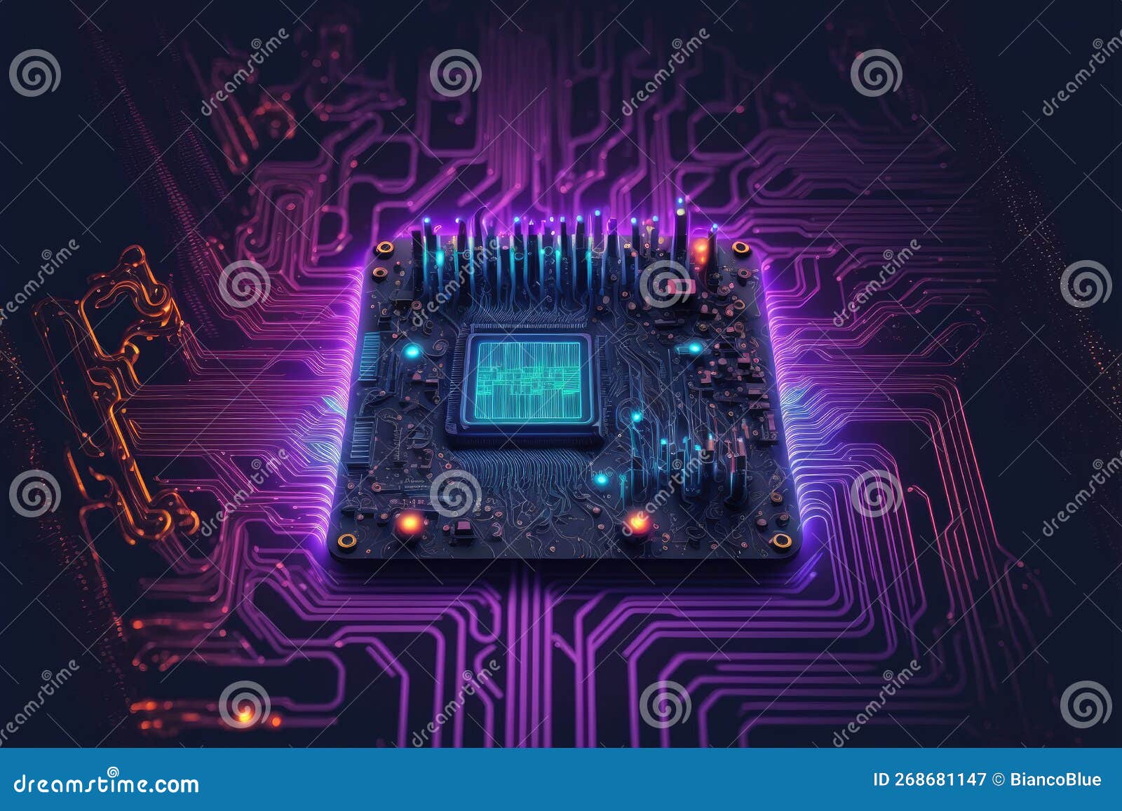 Computer Microchip Semiconductor on Motherboard Futuristic Cyber Neon ...