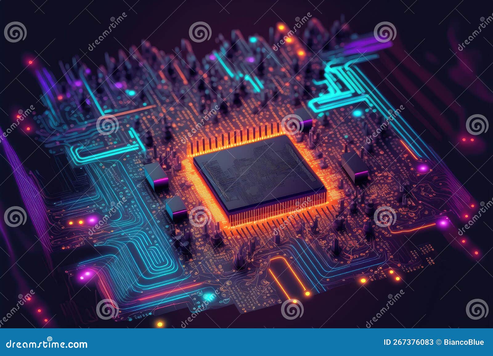 Computer Microchip Semiconductor on Motherboard Futuristic Cyber Neon ...