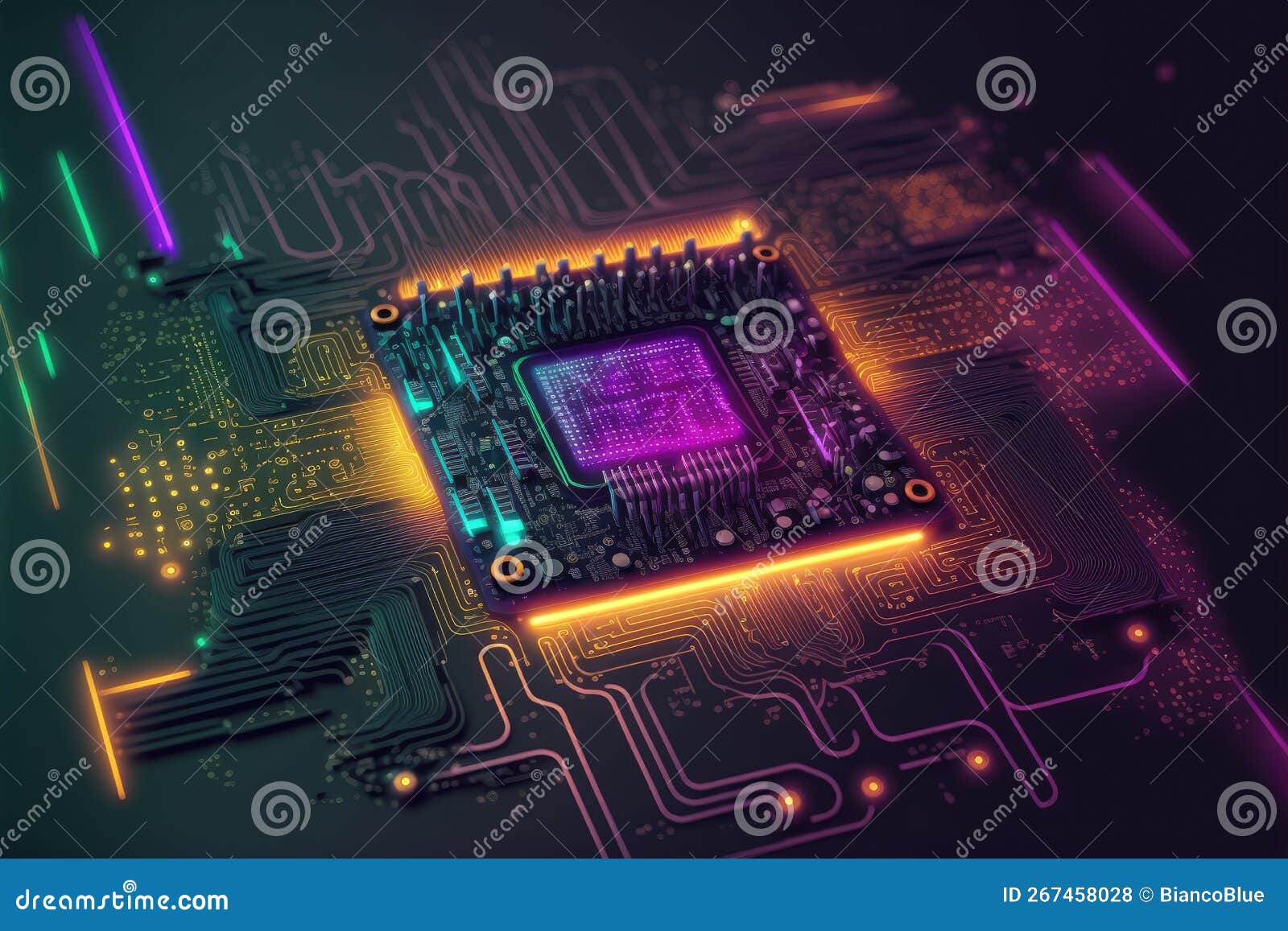 Computer Microchip Semiconductor on Motherboard Futuristic Cyber Neon ...